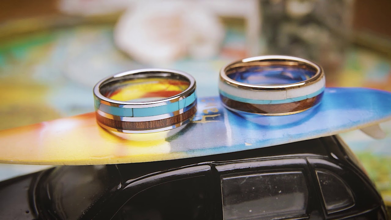The Surfer | Tungsten w/ Koa Wood & Turquoise Wedding Band - Manly Bands